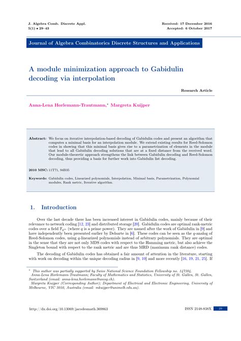 pdf a module minimization approach to gabidulin decoding via interpolation