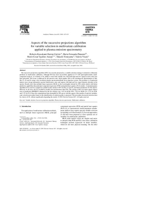 pdf aspects of the successive projections algorithm for variable selection in multivariate