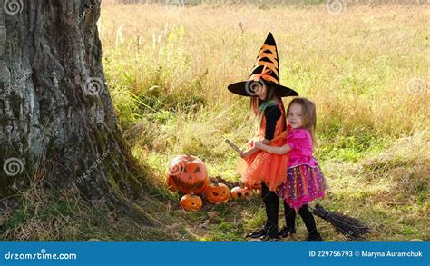 Two Girls In A Field Under A Large Oak Tree Are Standing With A Broom And Carnival Costumes For