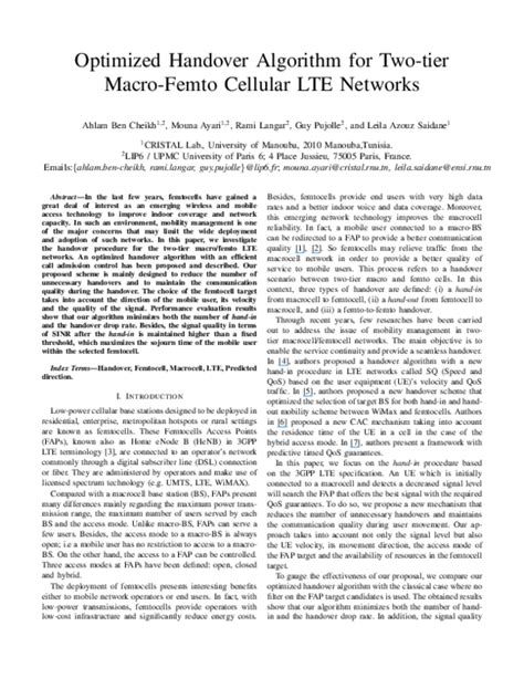 pdf optimized handover algorithm for two tier macro femto cellular lte networks mouna ayari