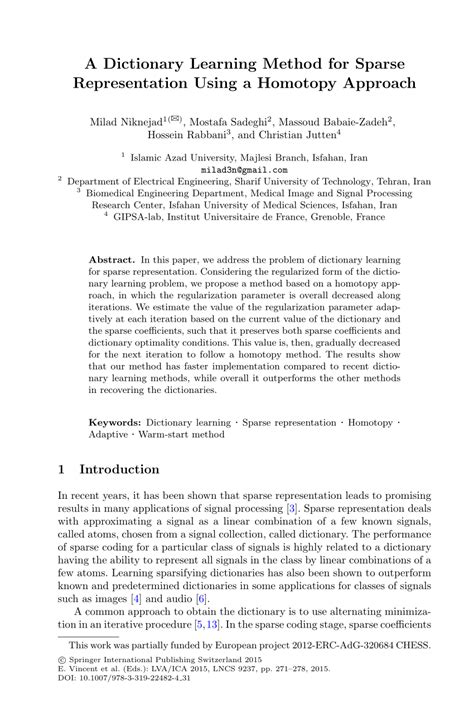 pdf a dictionary learning method for sparse representation using a homotopy approach