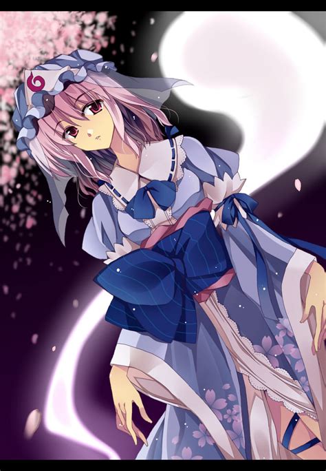 Safebooru Bow Cherry Blossoms Dutch Angle Ghost Hat Highres Hitodama Japanese Clothes Myon