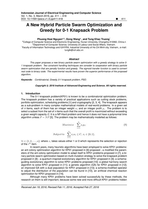 pdf a new hybrid particle swarm optimization and greedy for 0 1 knapsack problem