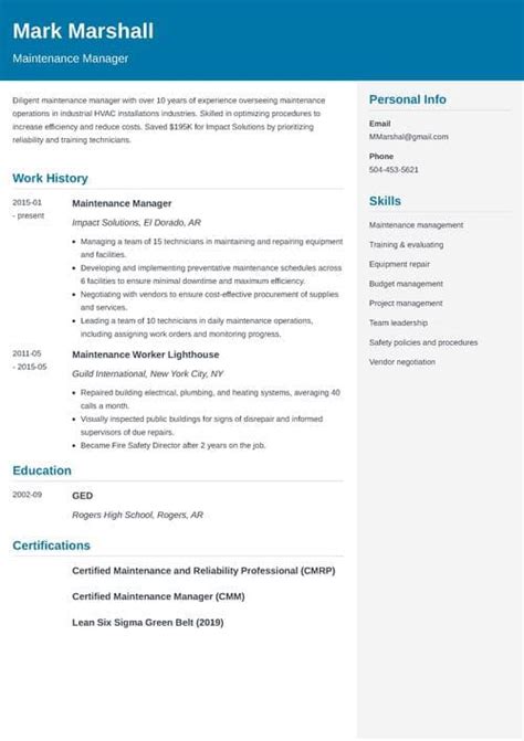 Maintenance Manager Resume Example Job Description
