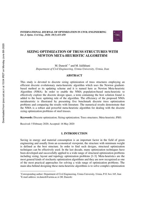 pdf sizing optimization of truss structures with newton meta heuristic algorithm
