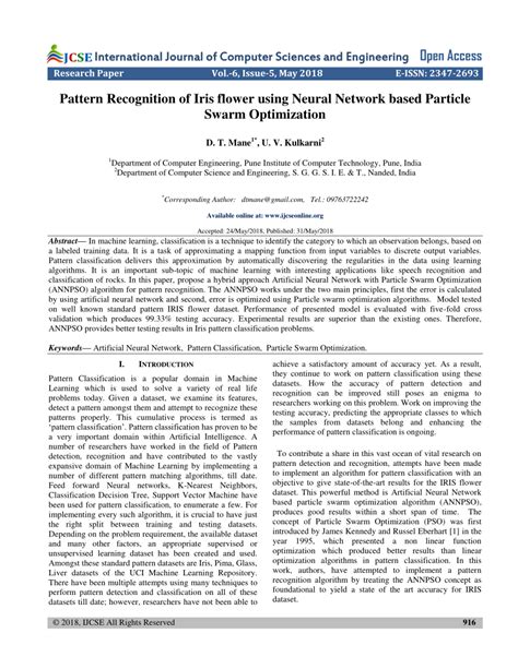 pdf pattern recognition of iris flower using neural network based particle swarm optimization