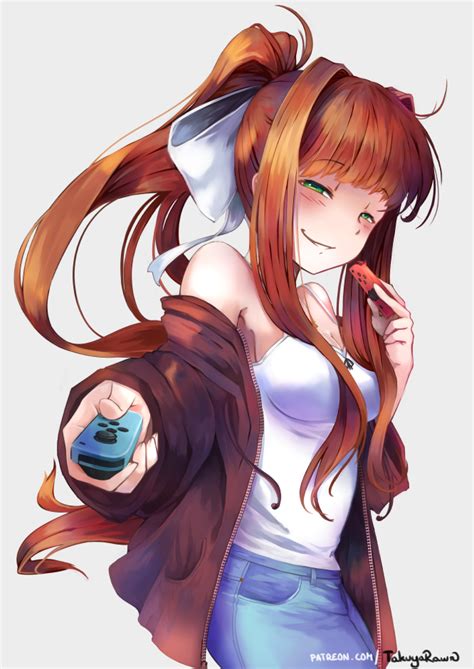 Safebooru 1girl Bangs Blush Breasts Brown Hair Camisole Casual Commentary Controller Denim