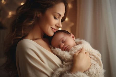 Générative Ai Maman Aimante Soccupant De Son Nouveau Né à La Maison Portrait Lumineux Dune
