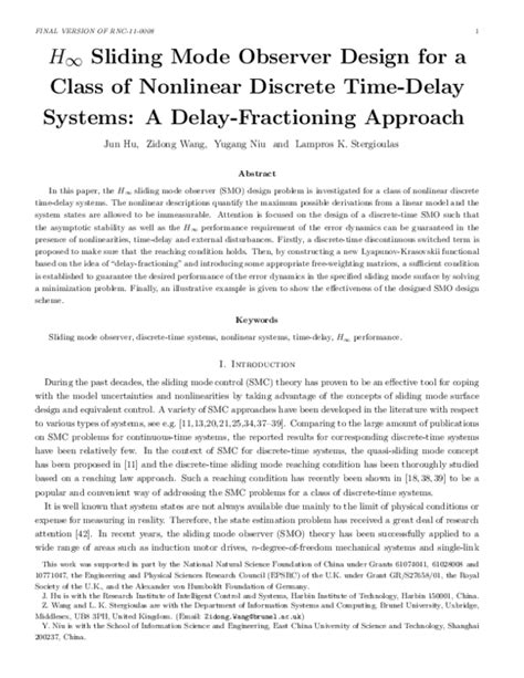 pdf h ∞ sliding mode observer design for a class of nonlinear discrete time delay systems a