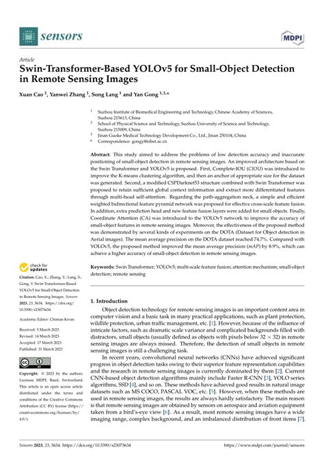 pdf swin transformer based yolov5 for small object detection in remote sensing images