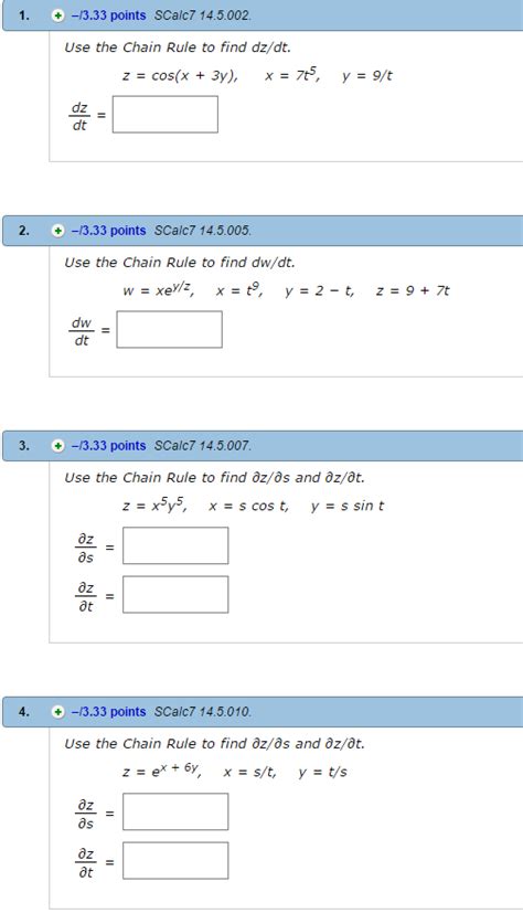 solved use the chain rule to find dz dt z cos x 3y x