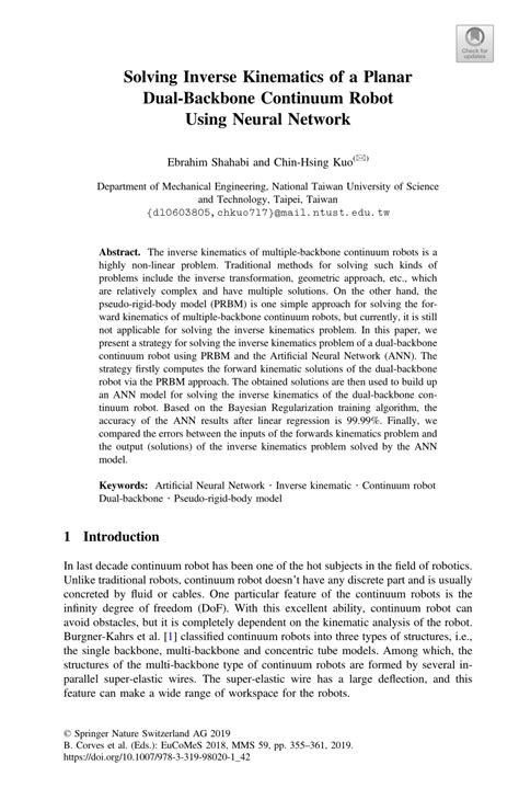pdf solving inverse kinematics of a planar dual backbone continuum robot using neural network