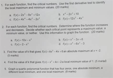 solved 1 for each function find the critical numbers use