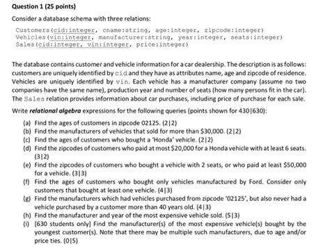 solved question 1 25 points consider a database schema