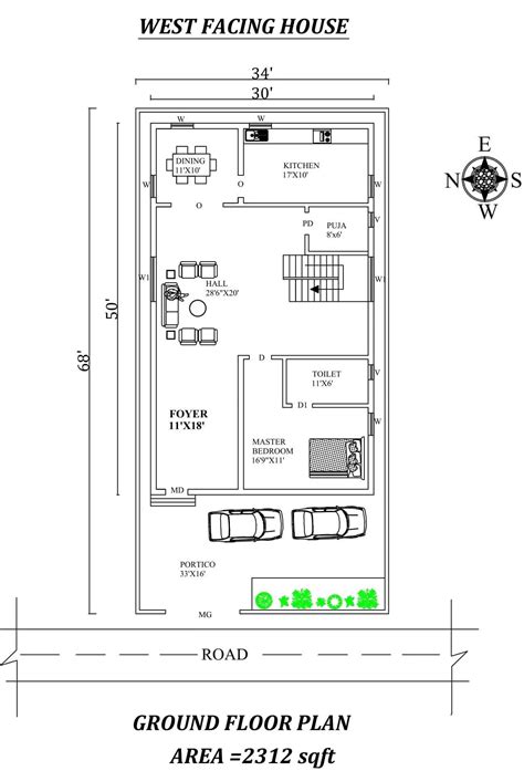 30 X50 Single Bhk West Facing House Plan As Per Vastu Shastra Autocad