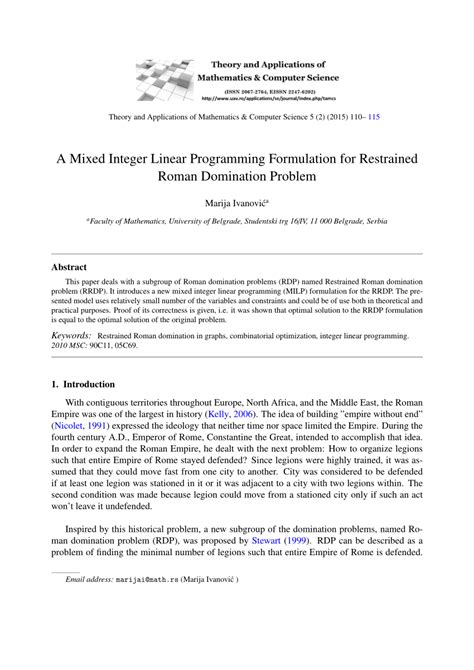 pdf a mixed integer linear programming formulation for restrained roman domination problem