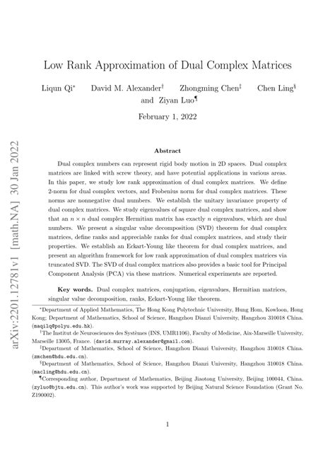 pdf low rank approximation of dual complex matrices