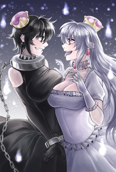 Safebooru 2girls D Asymmetrical Docking Black Dress Black Eyes Black Gloves Black Hair Breast