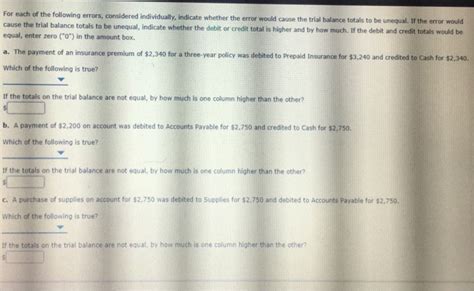 solved for each of the following errors considered