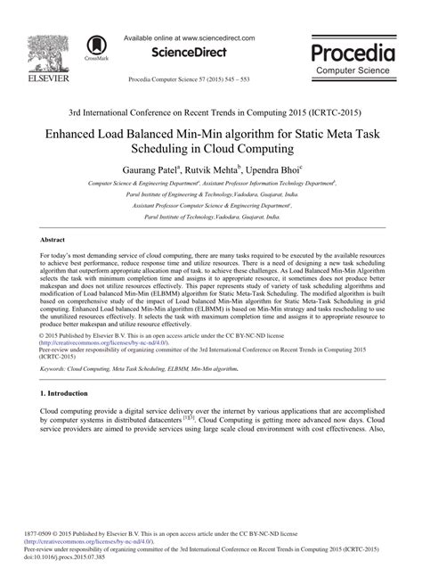pdf enhanced load balanced min min algorithm for static meta task scheduling in cloud computing