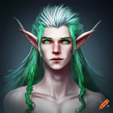 Elf Male White Skin With Long Green Hair Eyes With The Moon Lowered Wings Unicorn Horn And