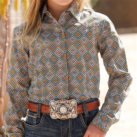 Cruel Girls Geometric Long Sleeve Western Snap Shirt In Multi Color Branded Country Wear