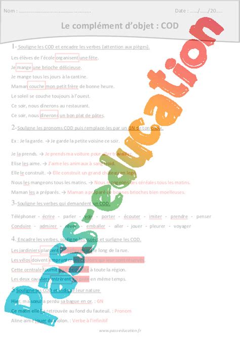 Complément dobjet COD Cm1 Exercices avec correction Pass Education