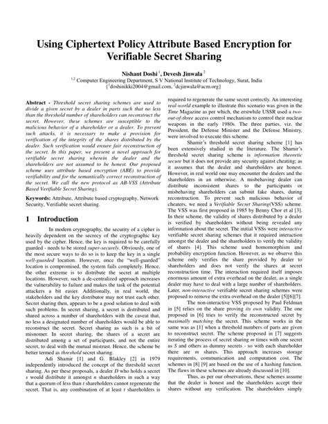 pdf using ciphertext policy attribute based encryption for verifiable secret sharing