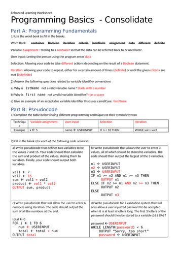 programming basics pseudocode enhanced learning worksheet answers teaching resources
