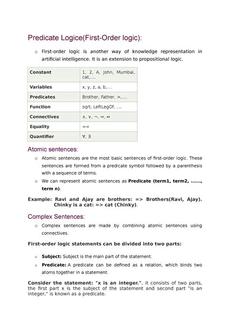 predicate logic unit iv notes predicate logice first order logic o first order logic is