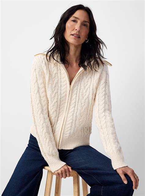 Twisted Cable Knit Zippered Cardigan Contemporaine Shop Womens Turtlenecks And Mock Necks