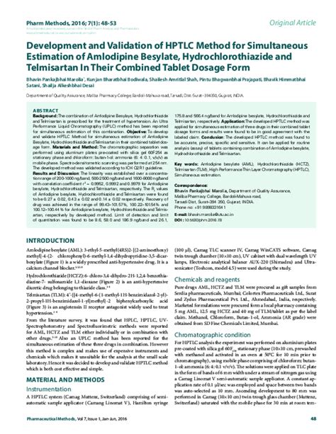 pdf development and validation of hptlc method for simultaneous estimation of amlodipine