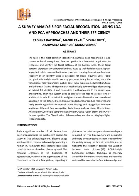 pdf a survey analysis for facial recognition using lda and pca approaches and their efficiency