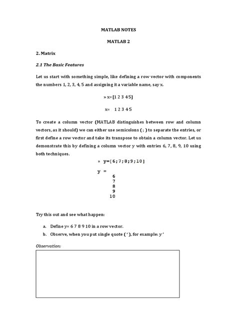 2 1 the basic features matlab notes matlab 2 2 matrix pdf matrix mathematics matlab