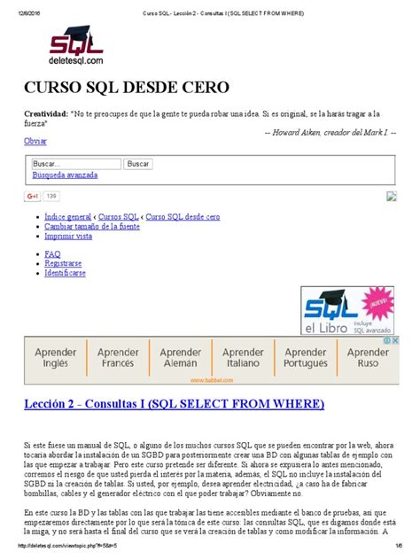 curso sql desde cero pdf sql informática