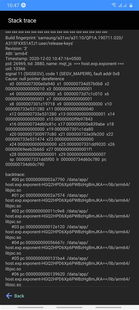 fatal signal 11 sigsegv code 1 segv maperr fault addr 0x8 in tid xxxxx mqt js pid xxx