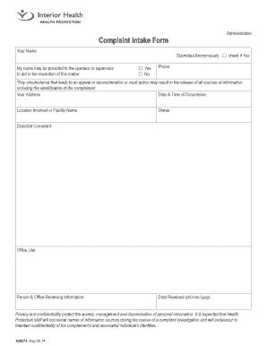 Fillable Online IH Complaint Intake Form Interior Health Fax Email