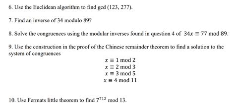 solved 6 use the euclidean algorithm to find ged 123 277