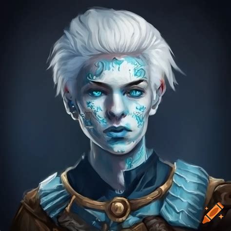 Rpg Character Portrait Fantasy Human Male Pale Skin White Hair Short Hair Blue Tattoo On
