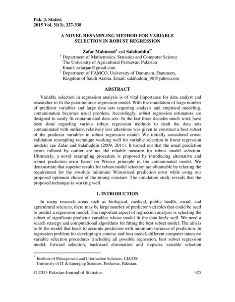 pdf a novel resampling method for variable selection in robust regression