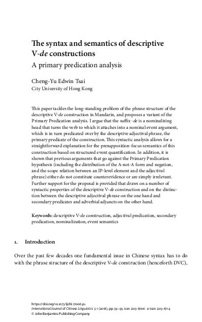pdf the syntax and semantics of descriptive v de constructions a primary predication analysis