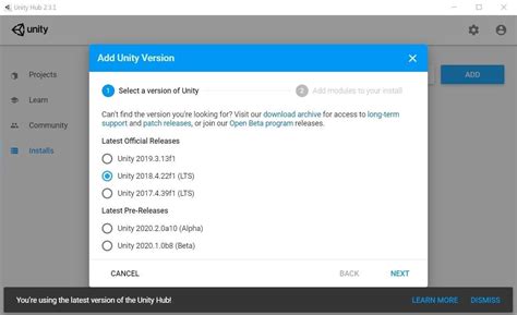 Unity Manual Installing Unity Using The Hub