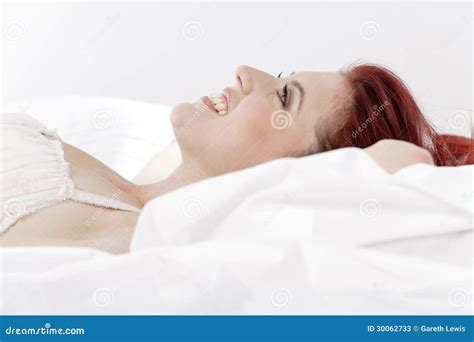 Woman In Underwear Lying On Bed Stock Image Image Of Cheerful Female 30062733