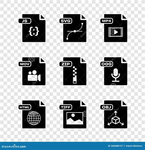 Set JS File Document SVG MP4 HTML TIFF OBJ MOV And ZIP Icon