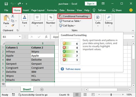 how to compare two columns in excel javatpoint