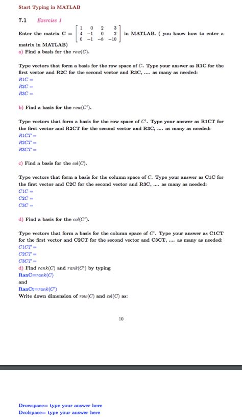 start typing in matlab 7 1 exercise1 enter the matrix
