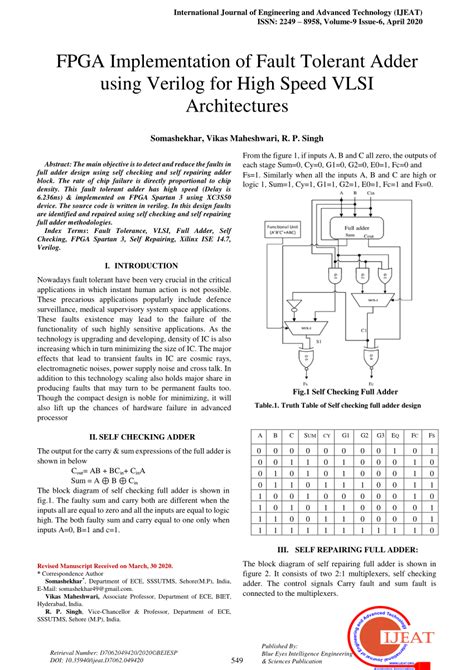pdf fpga implementation of fault tolerant adder using verilog for high speed vlsi architectures