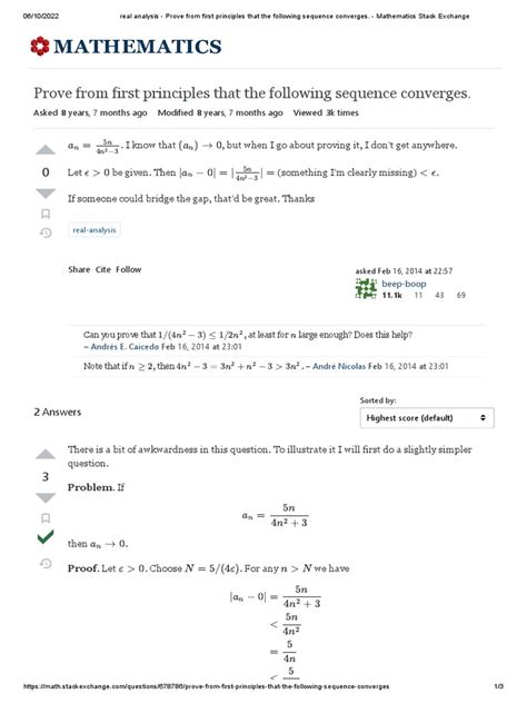 real analysis prove from first principles that the following sequence converges mathematics
