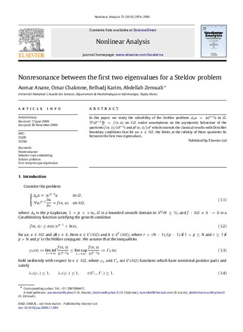 pdf nonresonance between the first two eigenvalues for a steklov problem belhadj karim