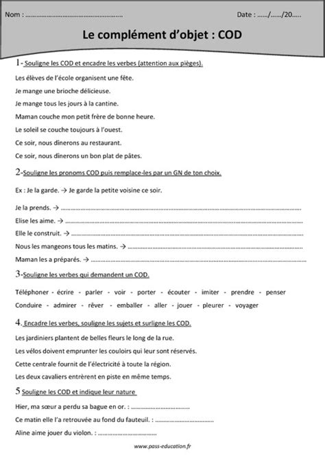 Complément dobjet COD Cm1 Exercices avec correction Pass Education